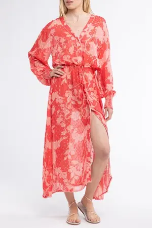 SUNDAY SAINT-TROPEZ Floral Lurex Kaftan - Red