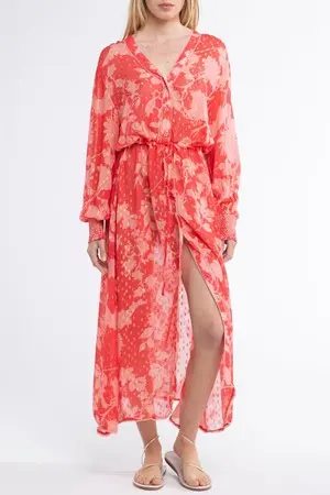 SUNDAY SAINT-TROPEZ Floral Lurex Kaftan - Red