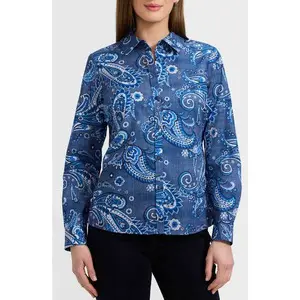 Foxcroft Hampton Paisley Print Cotton Poplin Button-up Shirt - Blue/ Multi
