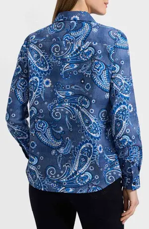 Foxcroft Hampton Paisley Print Cotton Poplin Button-up Shirt - Blue/ Multi