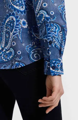 Foxcroft Hampton Paisley Print Cotton Poplin Button-up Shirt - Blue/ Multi
