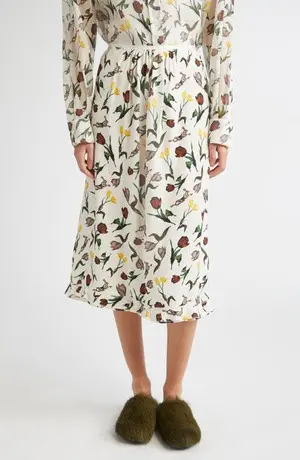 Marni Tulips & Hares Ruffle Hem Midi Skirt - Limestone
