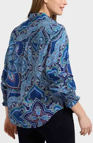 Foxcroft Printed Smocked Cuff Cotton Button-up Shirt
