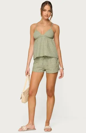 EDIKTED Talula Cotton Eyelet Tie Waist Shorts