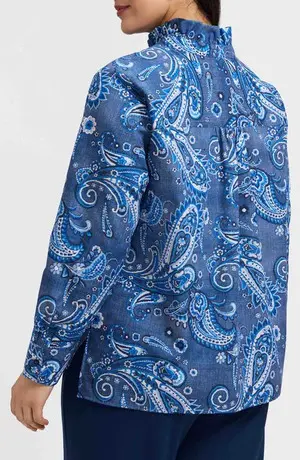 Foxcroft Sadie Paisley Ruffle Cotton Poplin Button-up Shirt - Blue Multi