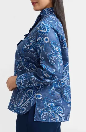Foxcroft Sadie Paisley Ruffle Cotton Poplin Button-up Shirt - Blue Multi