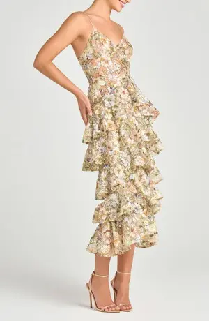 NADINE MERABI Beaded Floral Tiered Cocktail Midi Dress - Green