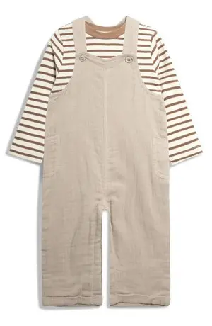 JOJO MAMAN BEBE Stripe Long Sleeve T-shirt & Cotton Gauze Overalls Set - Natural