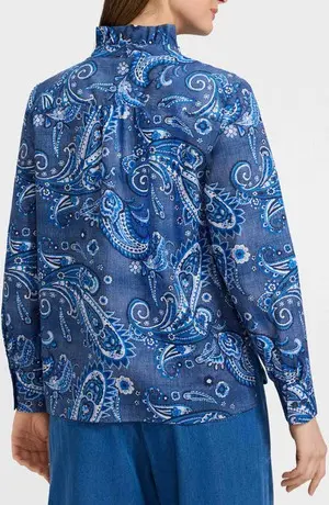 Foxcroft Sadie Paisley Ruffle Cotton Poplin Button-up Shirt