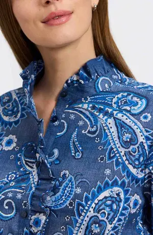 Foxcroft Sadie Paisley Ruffle Cotton Poplin Button-up Shirt