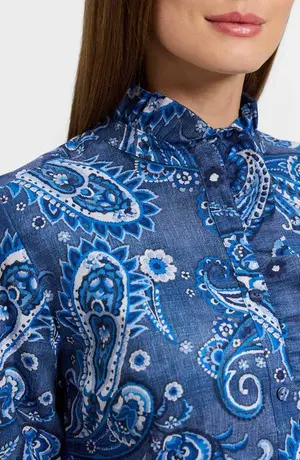 Foxcroft Sadie Paisley Ruffle Cotton Poplin Button-up Shirt