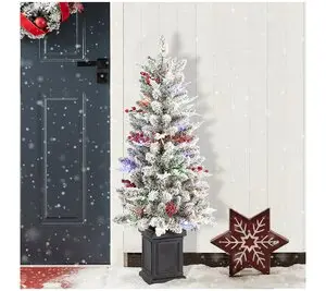 GLITZHOME 4' Led Pre-lit Flocked Faux Christmas Porch Tree - One-color