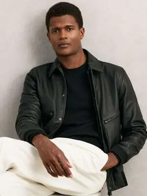 REISS Grained Leather Zip-through Jacket