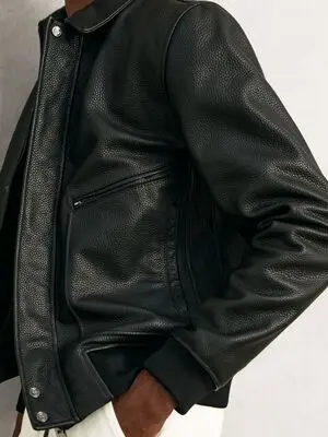 REISS Grained Leather Zip-through Jacket