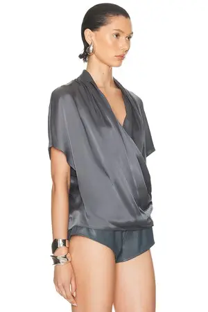 Lapointe Satin Short Sleeve Wrap Top
