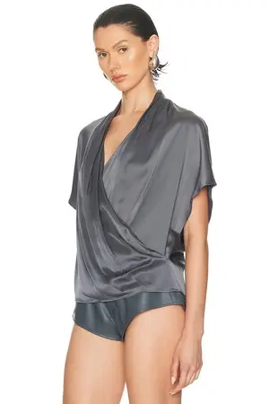 Lapointe Satin Short Sleeve Wrap Top