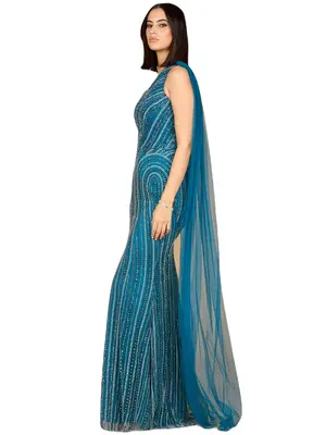 LARA NEW YORK One-shoulder Beaded Gown With Cape Sleeve