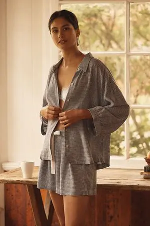 Eberjey Linen Blend Buttondown Top - Navy