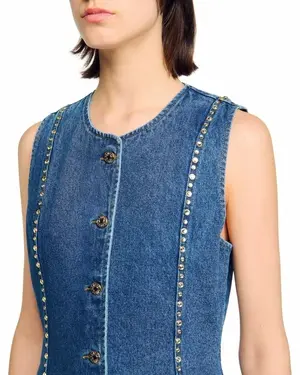 Sandro Rhinestone Denim Top - Blue Jean