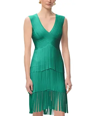 Herve Leger V-neck Gracie Midi Fringed Dress - Green Opal