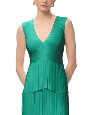 Herve Leger V-neck Gracie Midi Fringed Dress - Green Opal