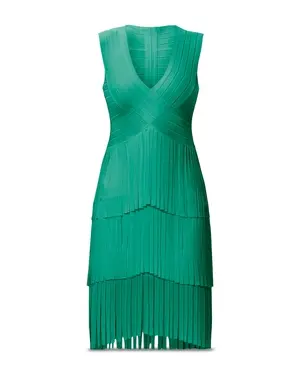 Herve Leger V-neck Gracie Midi Fringed Dress - Green Opal