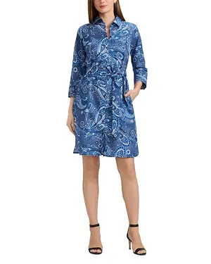 Foxcroft Paisley Button Front 3/4 Sleeve Dress - Blue Multi