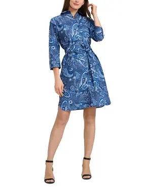 Foxcroft Paisley Button Front 3/4 Sleeve Dress - Blue Multi