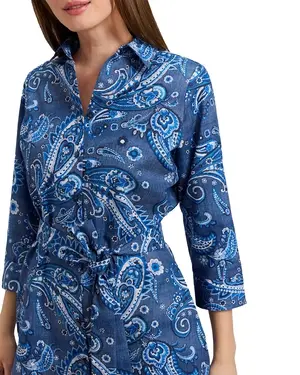 Foxcroft Paisley Button Front 3/4 Sleeve Dress - Blue Multi