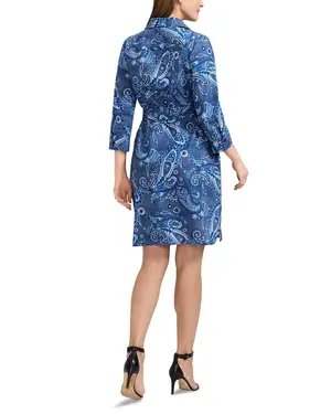 Foxcroft Paisley Button Front 3/4 Sleeve Dress - Blue Multi