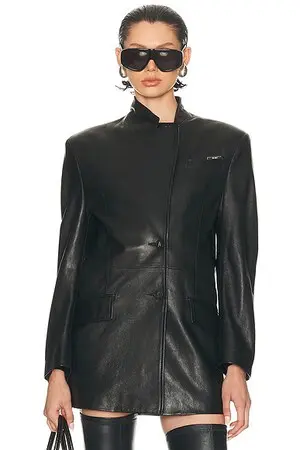 Attico Leather Jacket With Asymmetrical Collar And Silver-tone Hardware