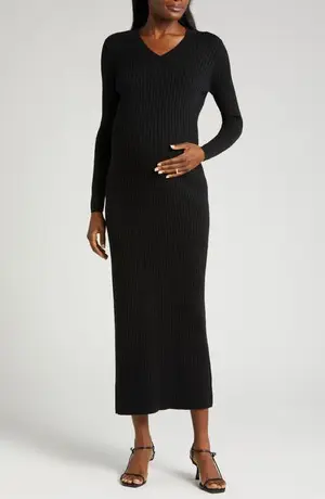 MARION Ribbed Long Sleeve V-neck Midi Sweater Dress - Soft Black