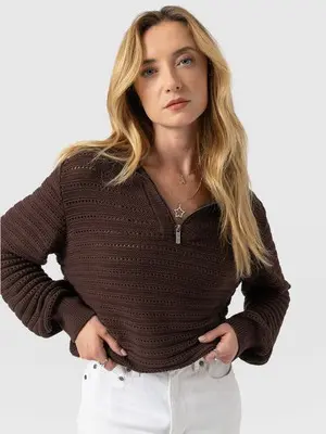 SAINT + SOFIA Ester Quarter Zip Knit Top - Chocolate