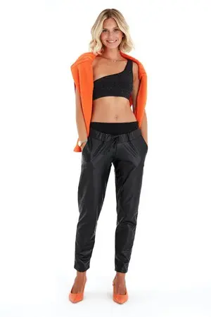 ACCOUCHEE Faux Leather Jogger Pants With Foldover Waistband - Black