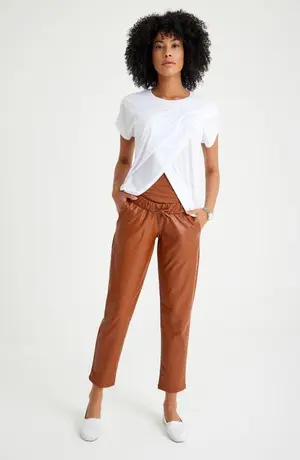 ACCOUCHEE Faux Leather Jogger Pants With Foldover Waistband - Toffee
