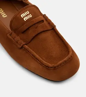 Miu Miu Ruched Logo Suede Loafers - Brown