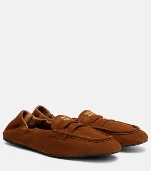 Miu Miu Ruched Logo Suede Loafers - Brown