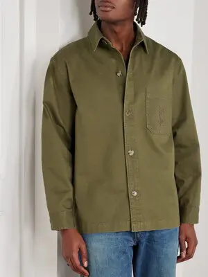 Saint Laurent Logo-embroidered Cotton And Linen-blend Gabardine Overshirt - Green