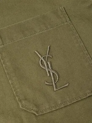 Saint Laurent Logo-embroidered Cotton And Linen-blend Gabardine Overshirt - Green