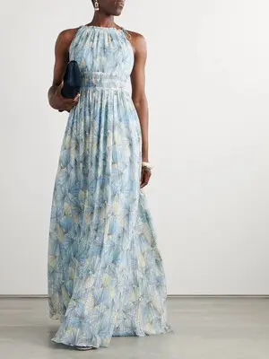 Veronica Beard Printed Plissé-chiffon Maxi Dress - Blue