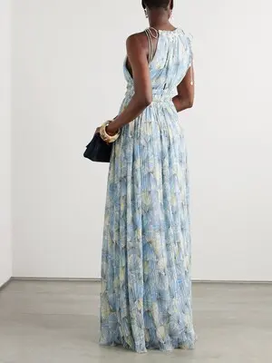 Veronica Beard Printed Plissé-chiffon Maxi Dress - Blue