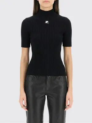 COURREGES Ribbed Knit High Neck Short Sleeve Top - Black
