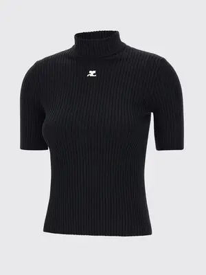 COURREGES Ribbed High Neck Short Sleeve Sweater - Black
