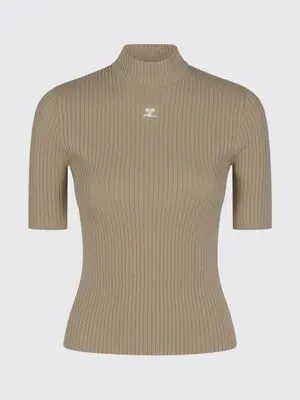 COURREGES Ribbed High Neck Short Sleeve Sweater - Nude