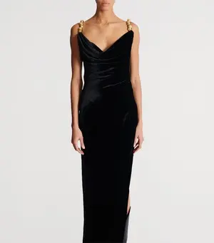 Balmain Velvet Button-strap Maxi Dress