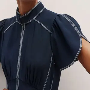 ME+EM Contrast Stitch Crepe Midi Dress - Navy