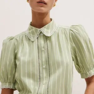 ME+EM Cotton Stripe Lace Trim Blouse