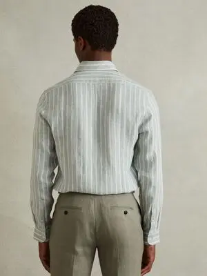 REISS Ruban Linen Striped Long Sleeve Shirt - Green