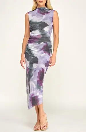 SOCIALITE Floral Shirred Mesh Dress - Purple/hunter