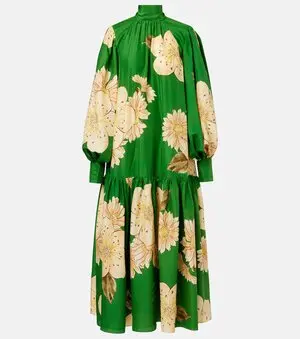 ALEMAIS Sage Floral Silk Midi Dress